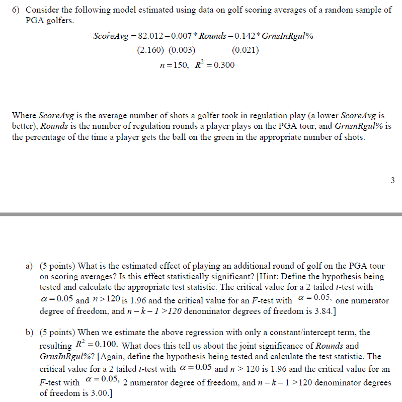 Solved 6) Consider the following model estimated using data | Chegg.com