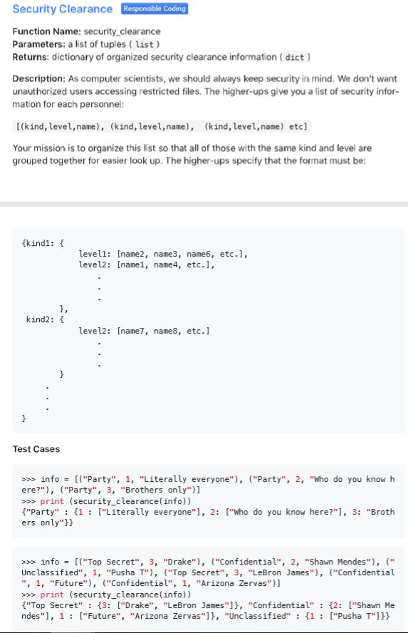 Solved Security Clearance Responsible Coding Function Name: | Chegg.com