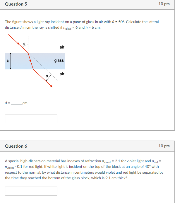 Solved Question 5 10 pts The figure shows a light ray | Chegg.com