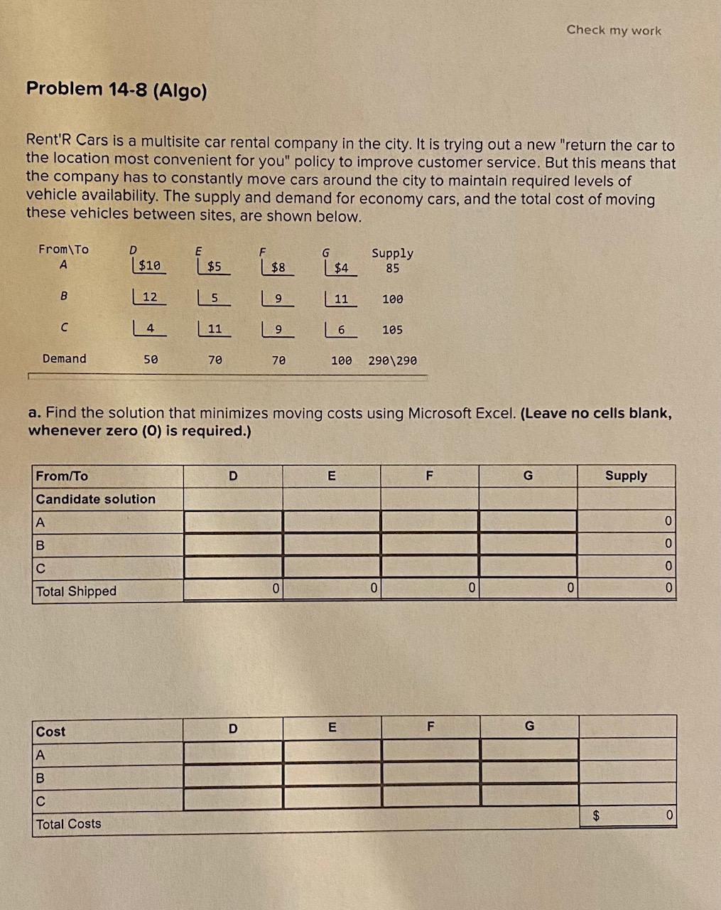 Solved Check my work Problem 14-8 (Algo) Rent'R Cars is a | Chegg.com
