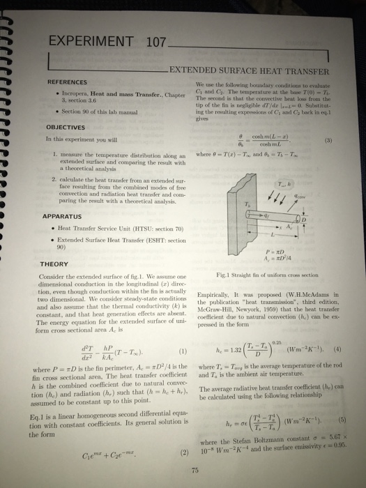 Solved EXPERIMENT 107 EXTENDED SURFACE HEAT TRANSFER-PRELAB | Chegg.com