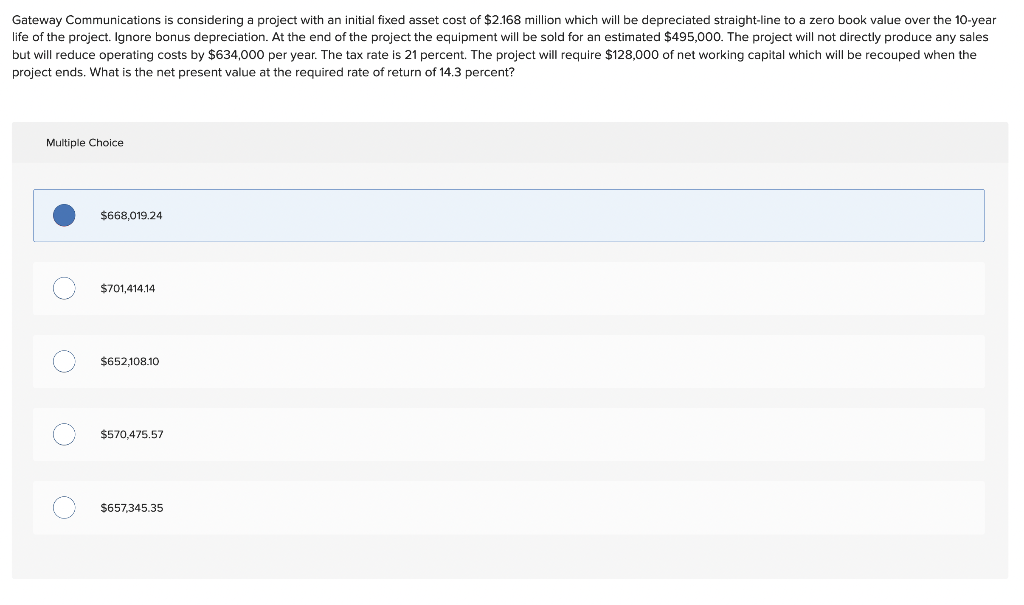 Solved Gateway Communications is considering a project with | Chegg.com