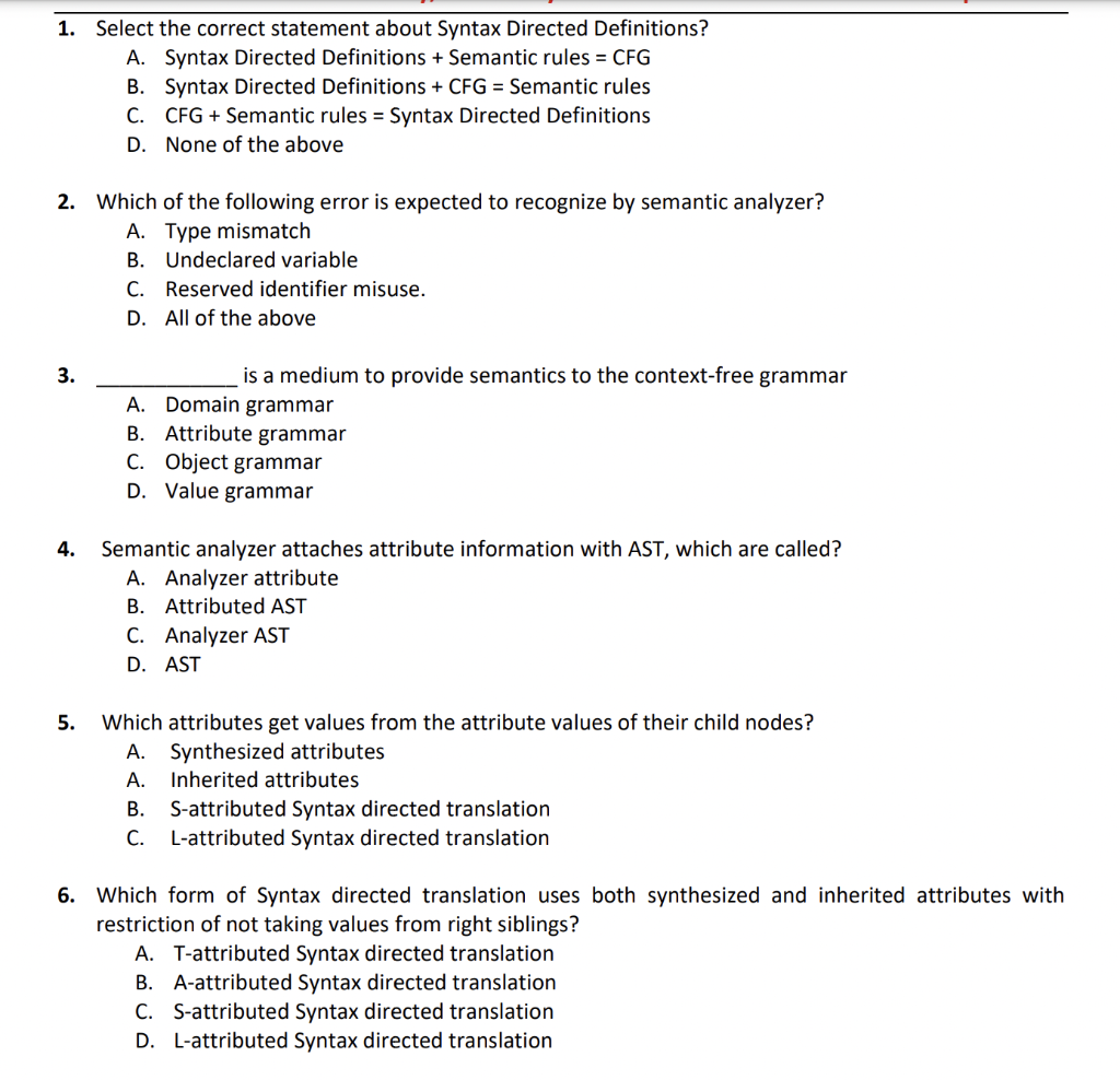Solved 1. Select the correct statement about Syntax Directed | Chegg.com