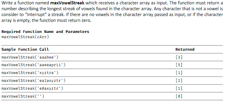 Solved Write a function named maxVowelStreak which receives | Chegg.com