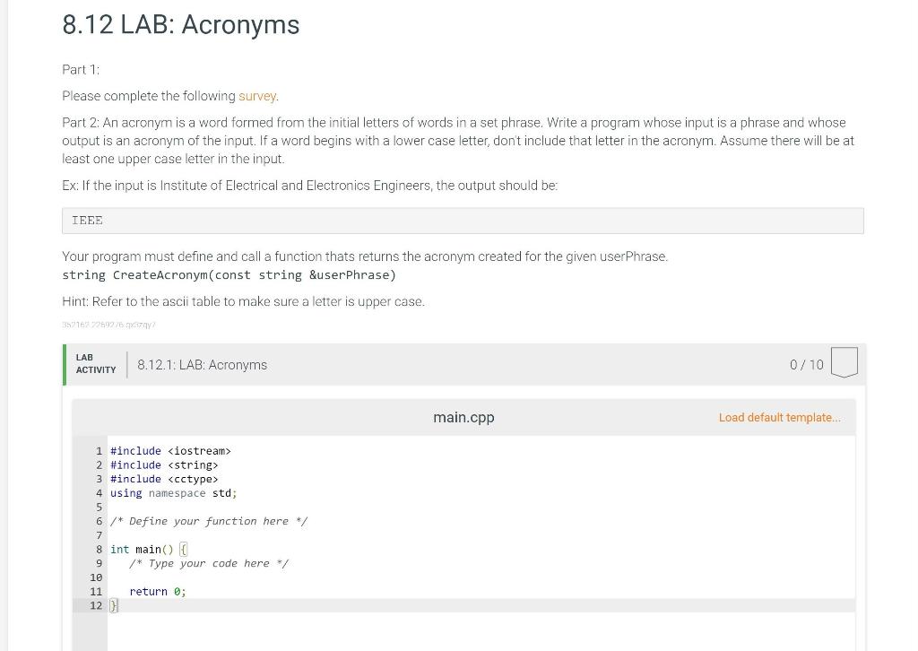 Solved 8.12 LAB: Acronyms Part 1: Please complete the | Chegg.com