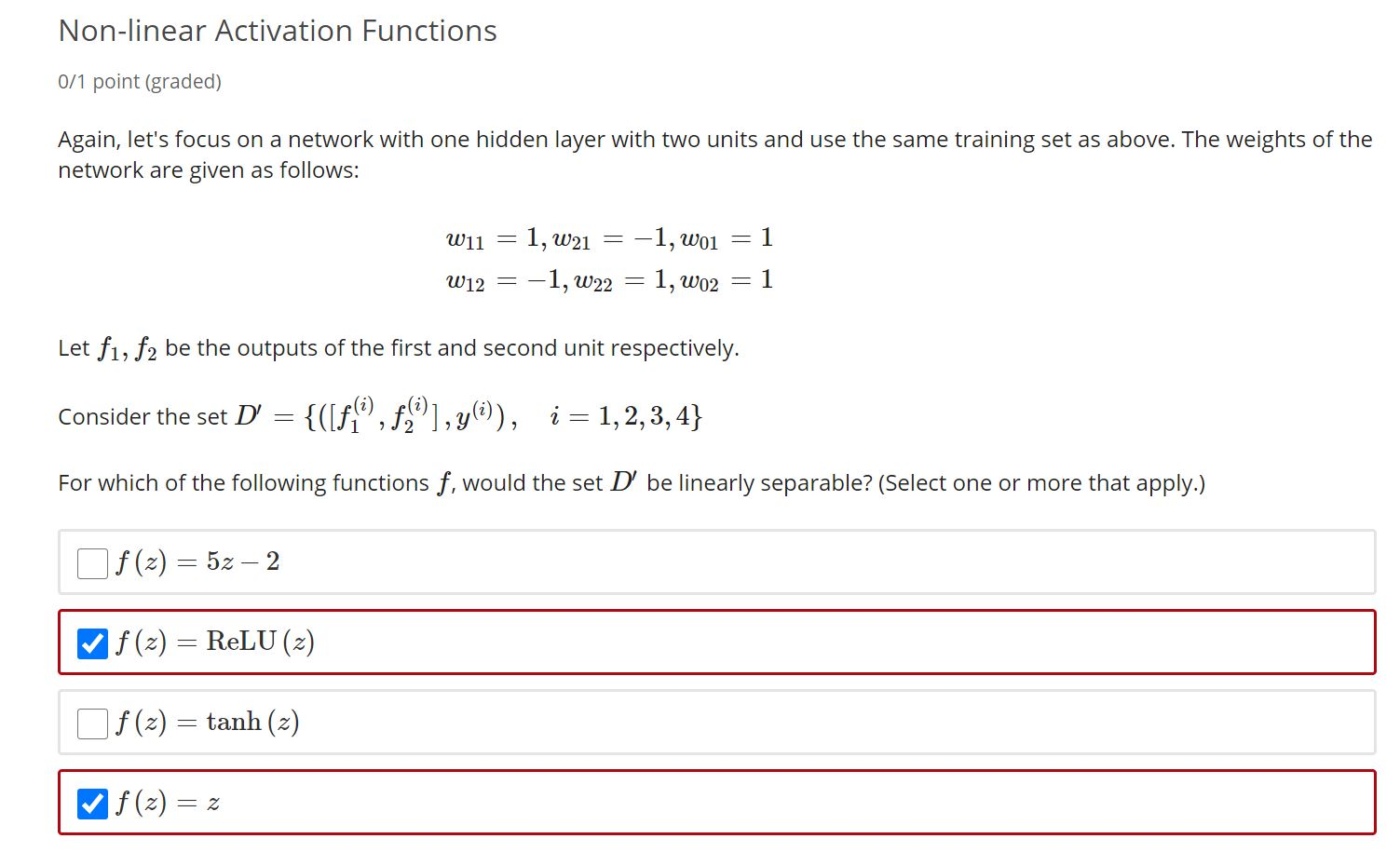 Solved Non linear Activation Functions 0 1 Point graded Chegg