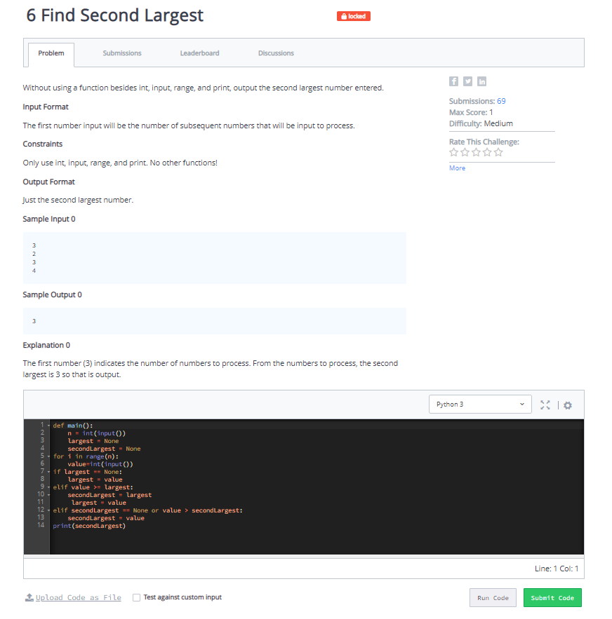 Solved 6 Find Second Largest locked Problem Submissions | Chegg.com