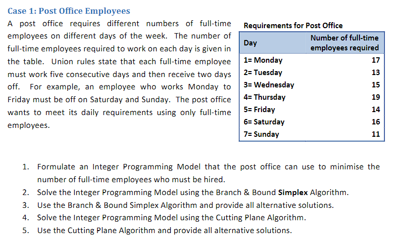 Solved Case 1: Post Office Employees A post office requires | Chegg.com