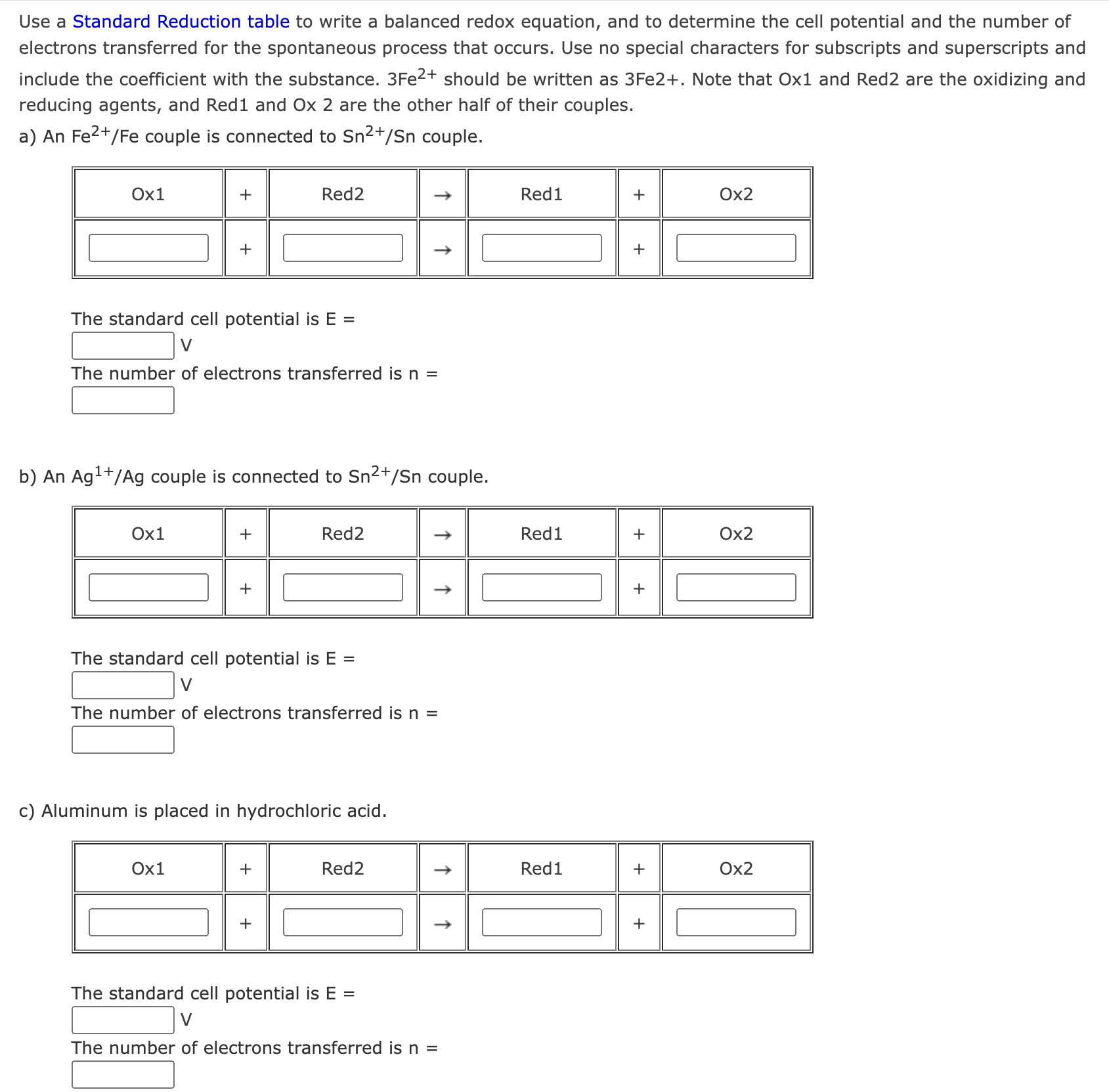Solved Use a Standard Reduction table to write a balanced | Chegg.com