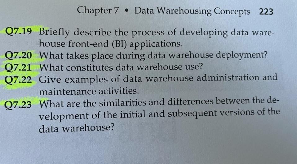 Solved Chapter 7 . Data Warehousing Concepts 223 Q7.19 | Chegg.com