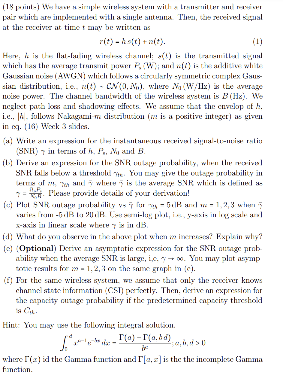 (18 points) We have a simple wireless system with a | Chegg.com