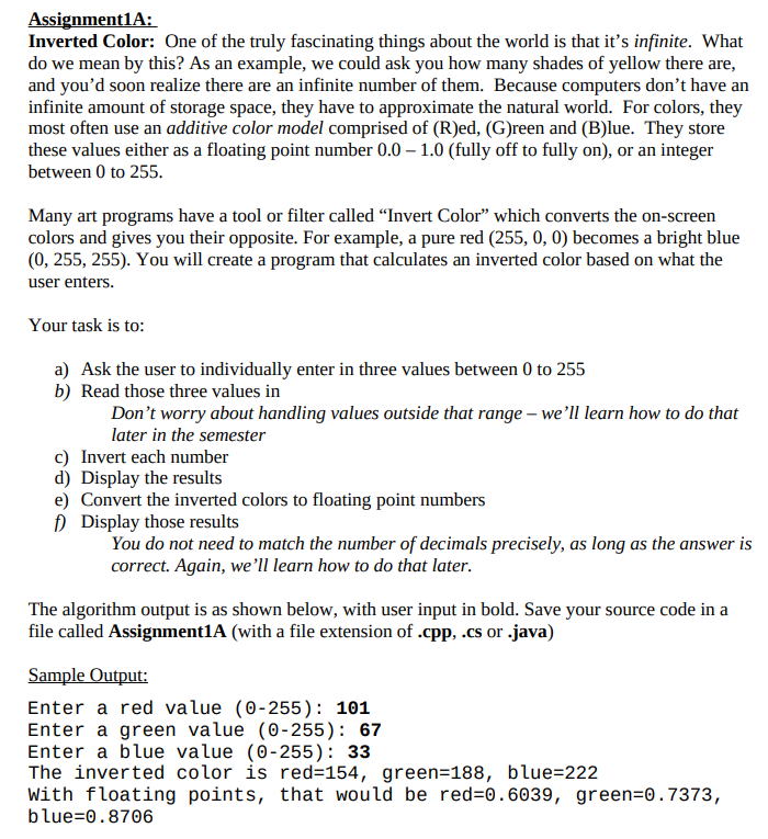 Solved Assignment1A: Inverted Color: One of the truly | Chegg.com