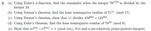 Solved 2. (a) Using Euler's ϕ-function, find the remainder | Chegg.com