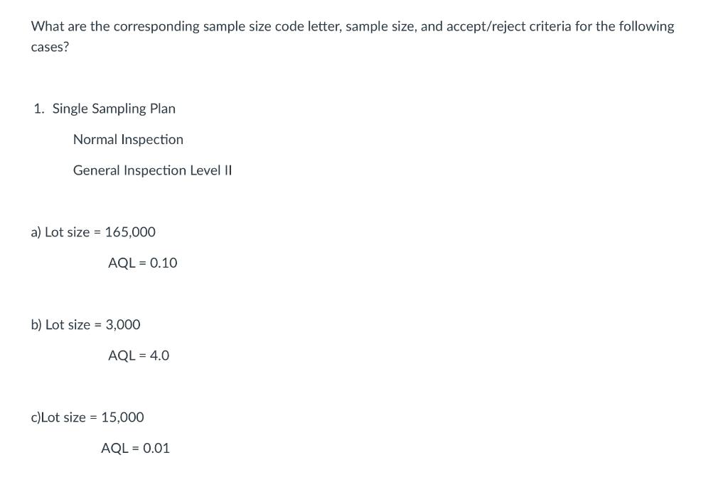 Solved What are the corresponding sample size code letter, | Chegg.com