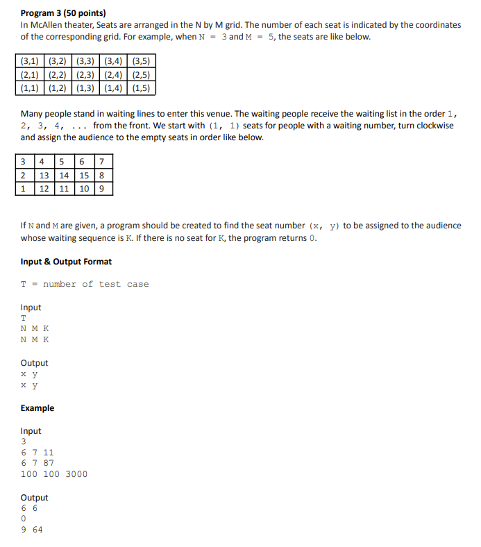 Solved Program 3 (50 points) In McAllen theater, Seats are | Chegg.com