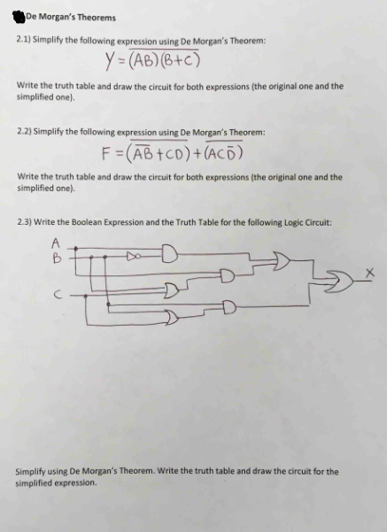 Solved 2.1) Simplify the following expression using De | Chegg.com