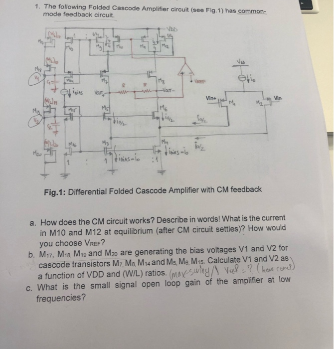 1. The following Folded Cascode Amplifier circuit | Chegg.com