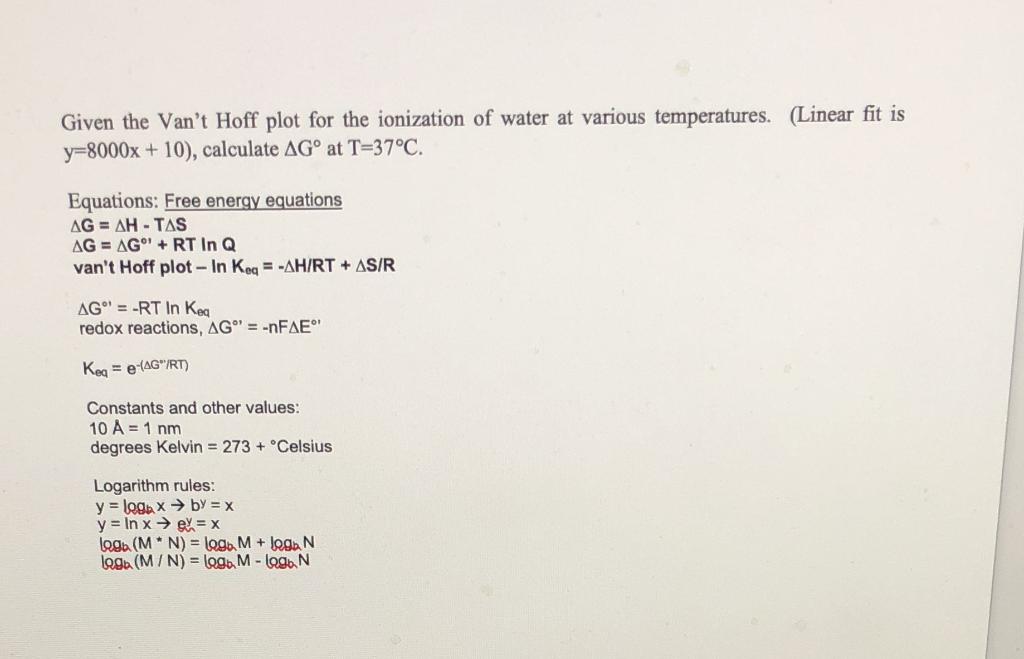 Solved Given the Van't Hoff plot for the ionization of water | Chegg.com
