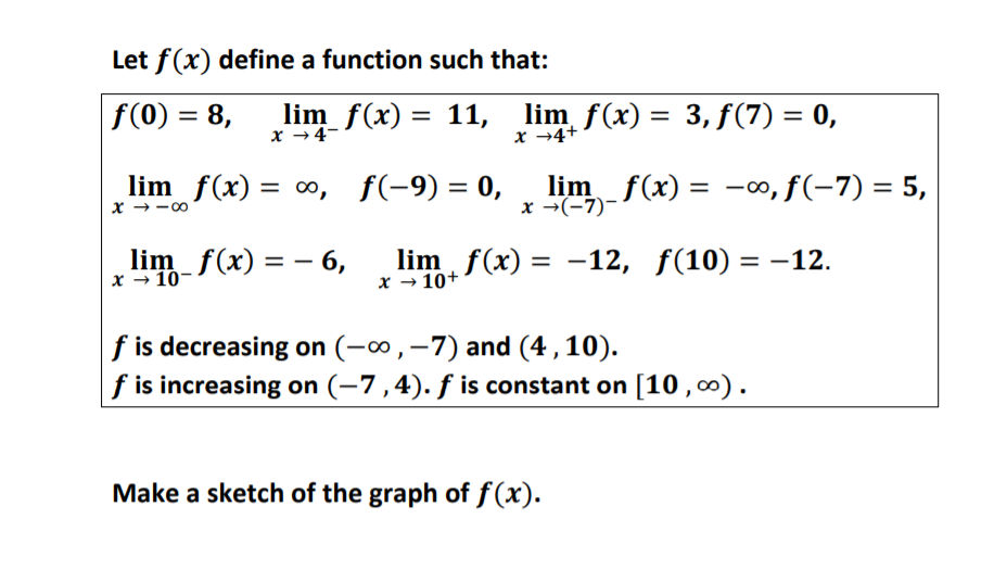 Solved Let f(x) define a function such that: f(0) = 8, lim | Chegg.com