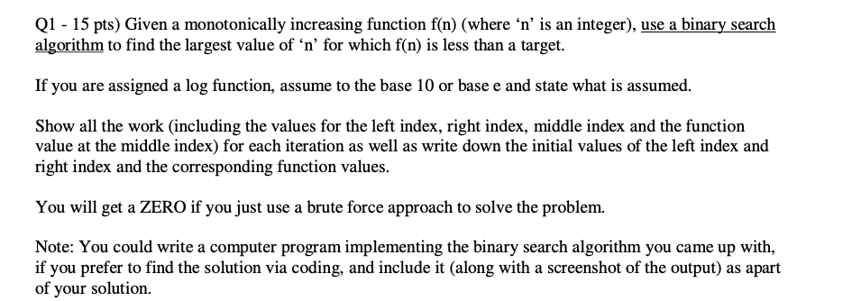 Q1 - 15 pts) Given a monotonically increasing | Chegg.com