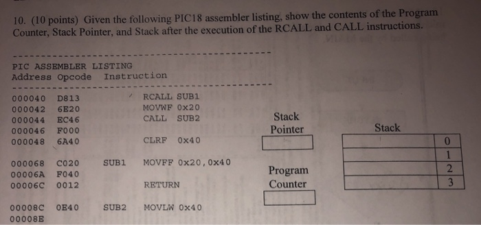 10. (10 points) Given the following PIC18 assembler | Chegg.com