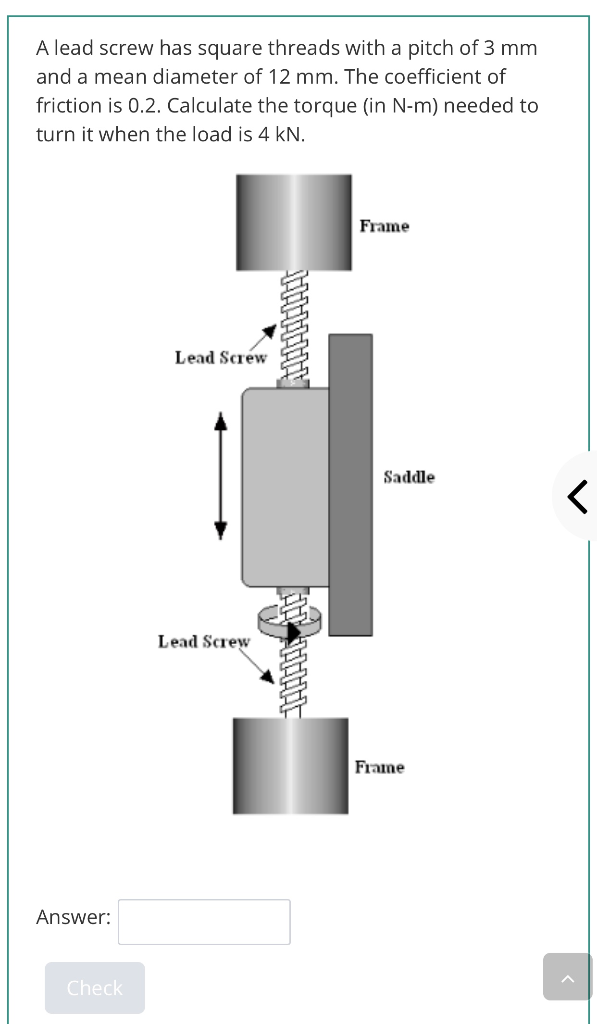 Solved A lead screw has square threads with a pitch of 3 mm | Chegg.com