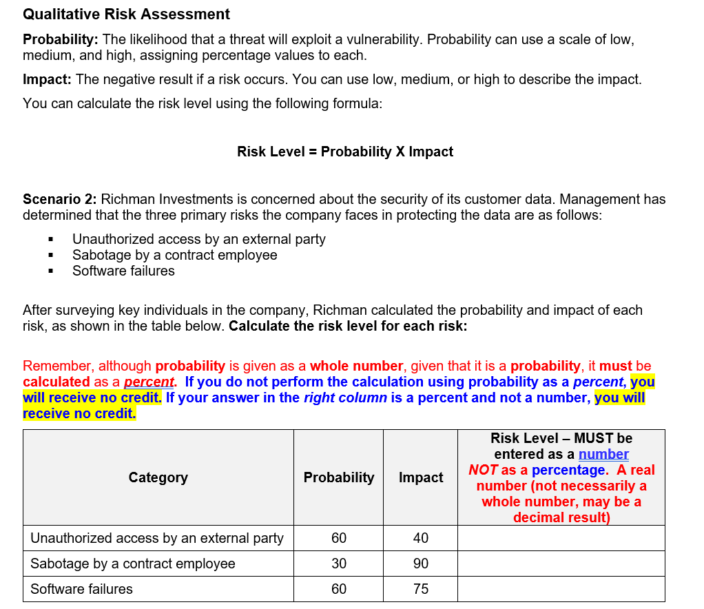 Solved Qualitative Risk Assessment Probability: The | Chegg.com