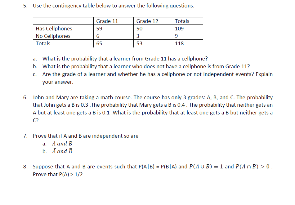 Solved 5. Use the contingency table below to answer the | Chegg.com