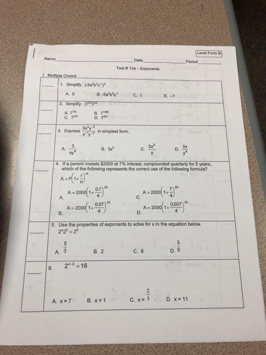Solved Level Form B Test # 13a-Exponents L. Multiple Choice | Chegg.com