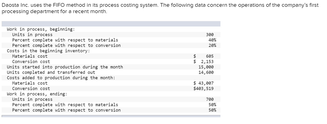 Solved Daosta Inc. uses the FIFO method in its process | Chegg.com