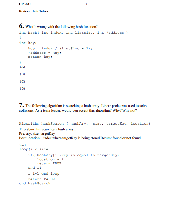 3 CIS 22C Review: Hash Tables 6. What's wrong with | Chegg.com