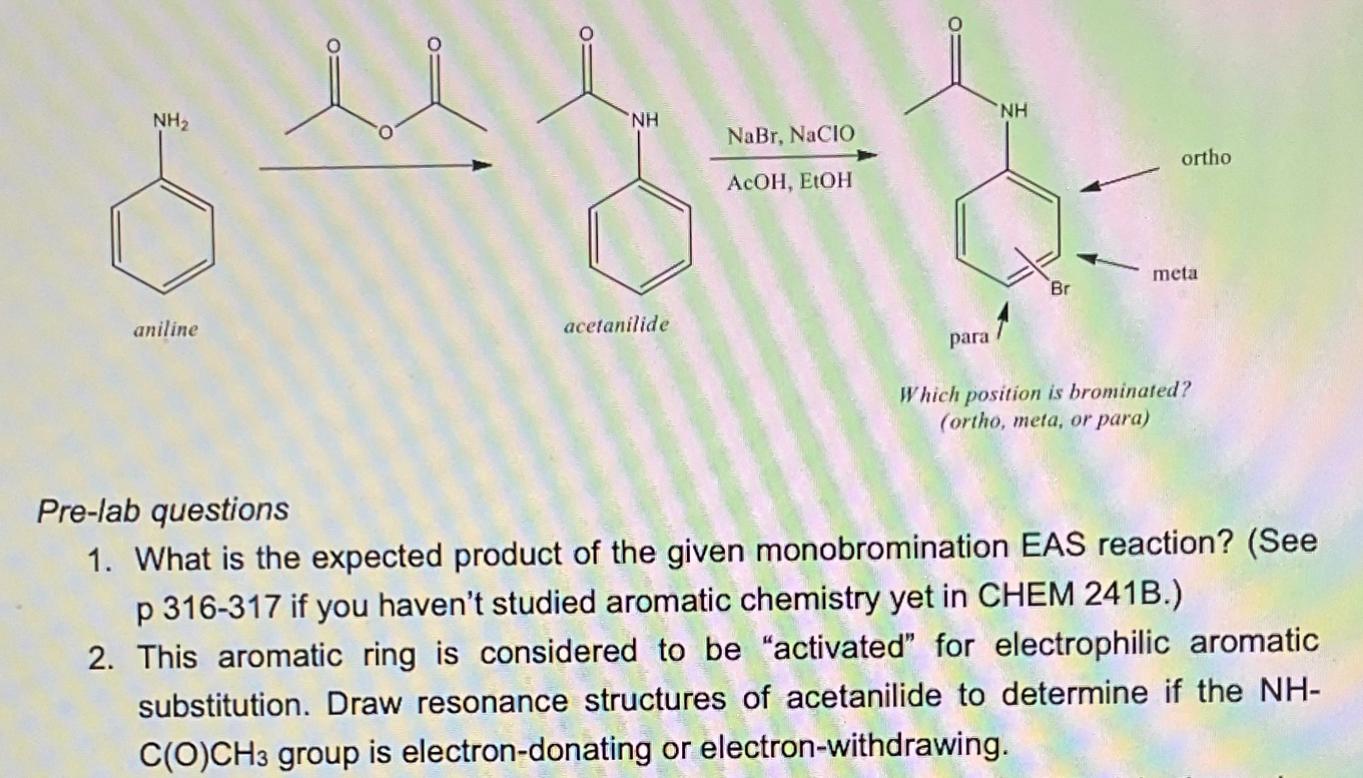 Solved AcOH,EtOH NaBr,NaClO aniline acetanilide Pre-lab | Chegg.com