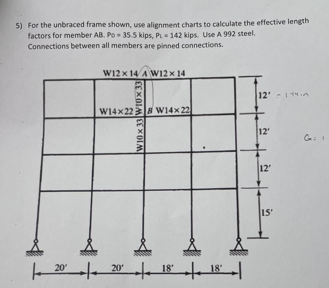 Solved 5) For the unbraced frame shown, use alignment charts | Chegg.com