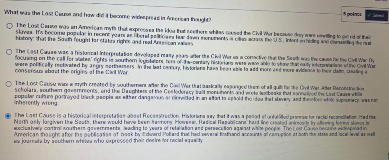 Solved What was the Lost Cause and how did it become | Chegg.com