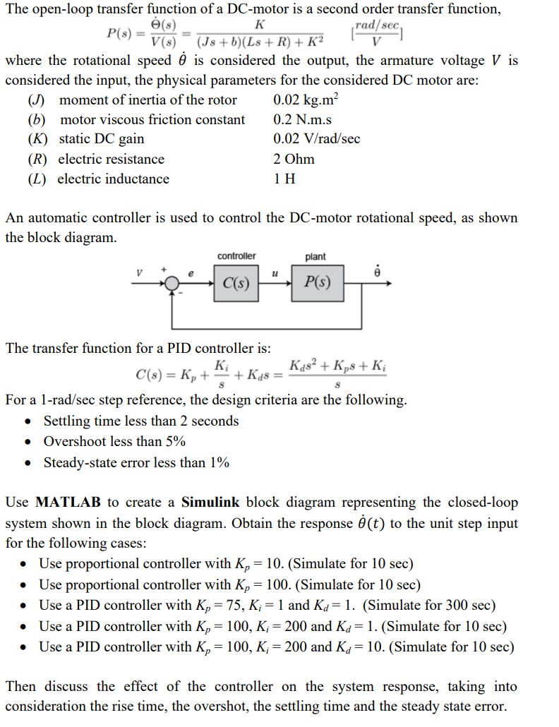 Solved The open-loop transfer function of a DC-motor is a | Chegg.com