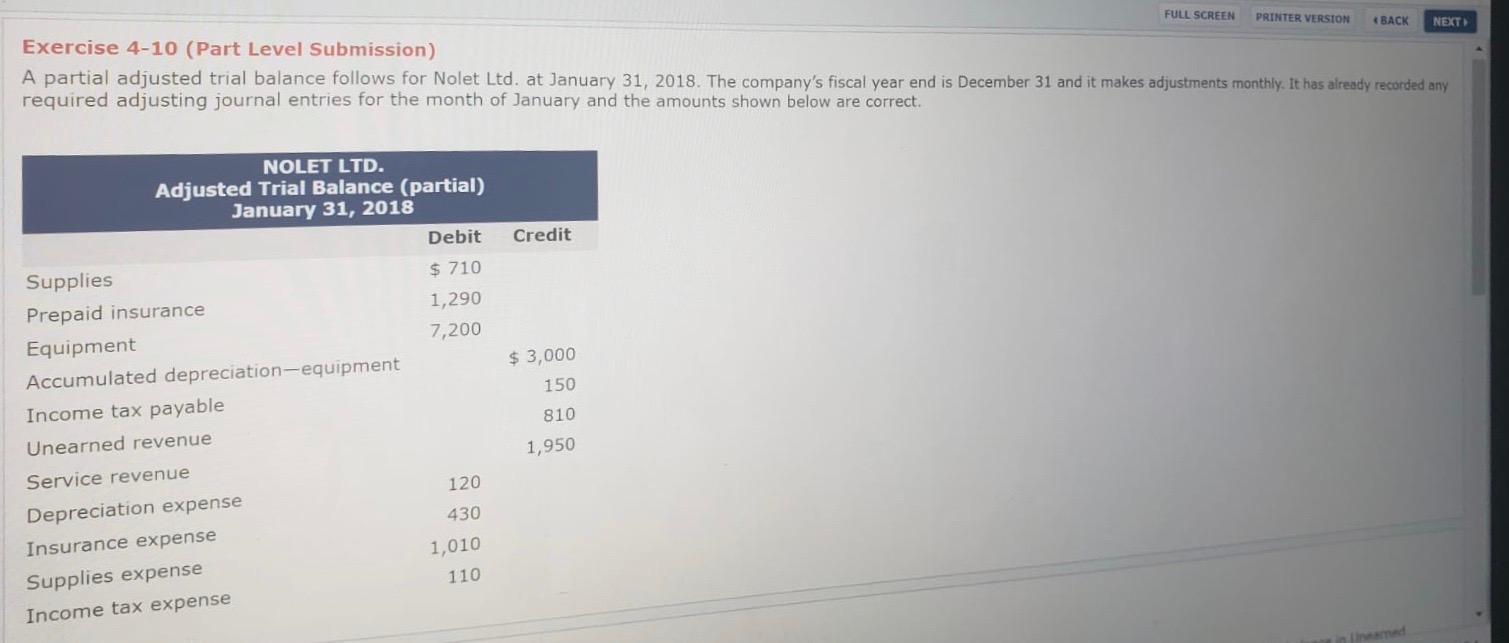 Solved FULL SCREEN PRINTER VERSION BACK NEXT Exercise 4-10 | Chegg.com