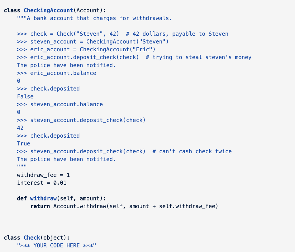 Solved We'd like to be able to cash checks, so let's add a | Chegg.com