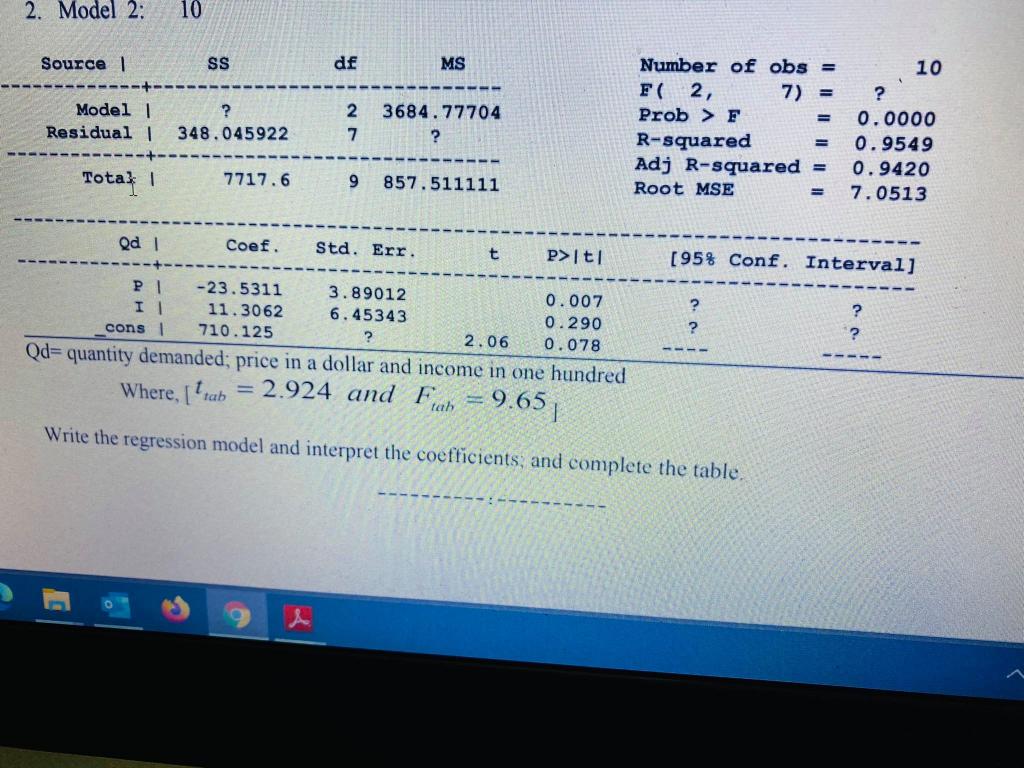 Solved 2. Model 2: 10 Source 1 SS df MS Model 1 Residual ? | Chegg.com