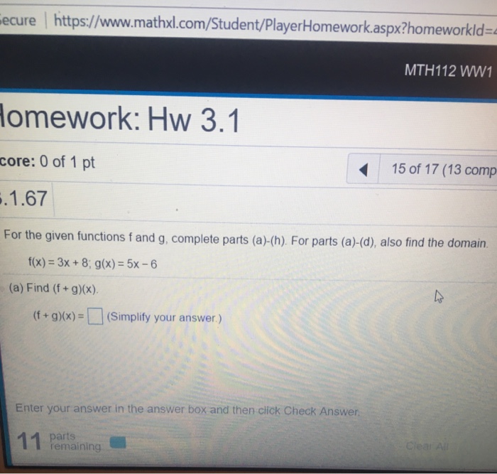 Solved For the given functions f and g, complete parts | Chegg.com