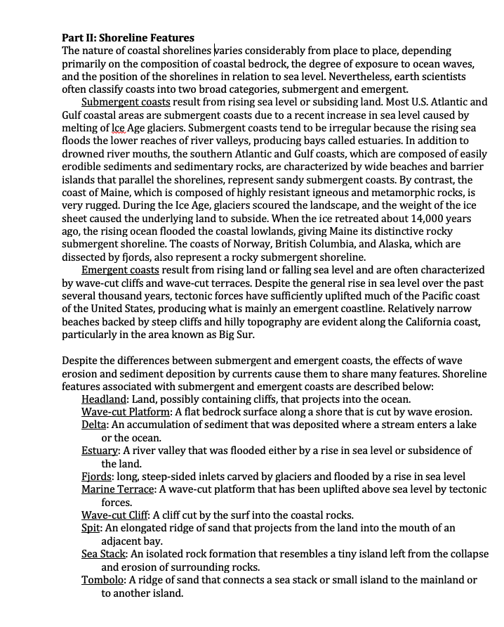 Solved Part II: Shoreline Features The nature of coastal | Chegg.com