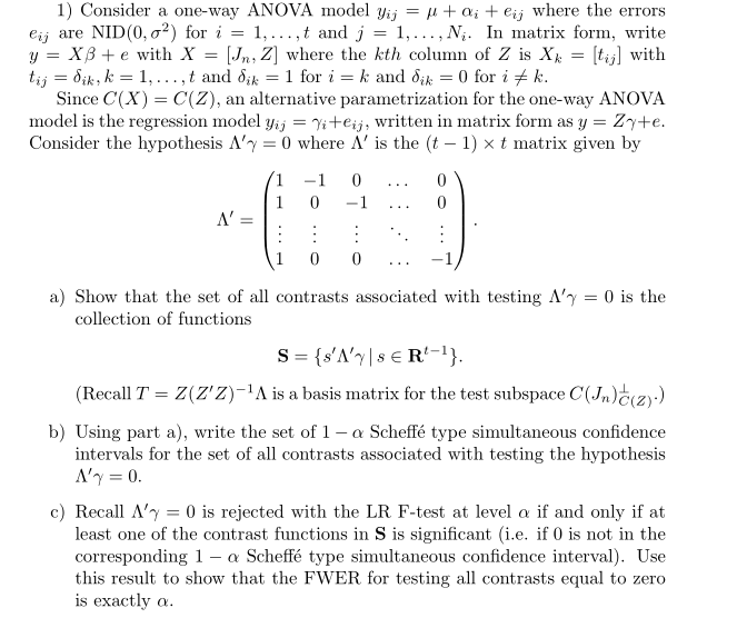 1) Consider a one-way ANOVA model Yij = 1 + 0; + eij | Chegg.com