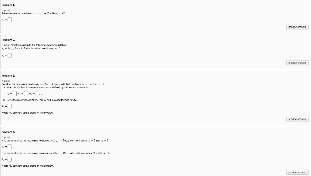 Solved Problem 1. (1 point) Solve the recurrence relation | Chegg.com