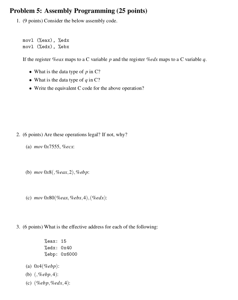 Problem 5 Assembly Programming 25 Points 1 9