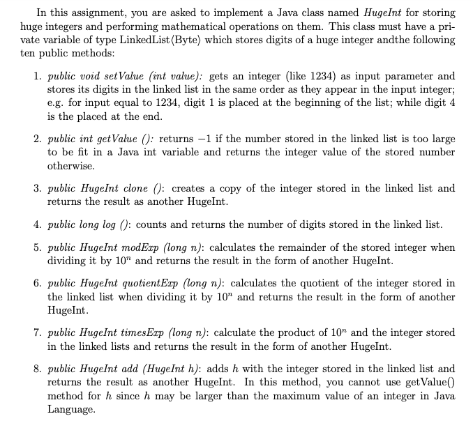 Solved Implement a Java class named HugeInt for storing huge | Chegg.com