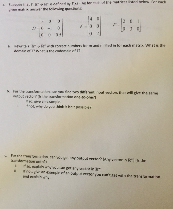 Solved Suppose that T: R→ Rm is defined by T(x)-Ax for each | Chegg.com