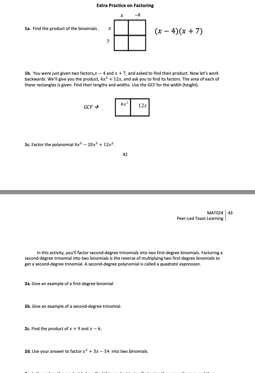 Solved Extra Practice on Factoring х -4 1a. Find the product | Chegg.com