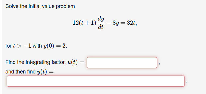 Solved Solve the initial value problem 12(t+1)dtdy−8y=32t, | Chegg.com