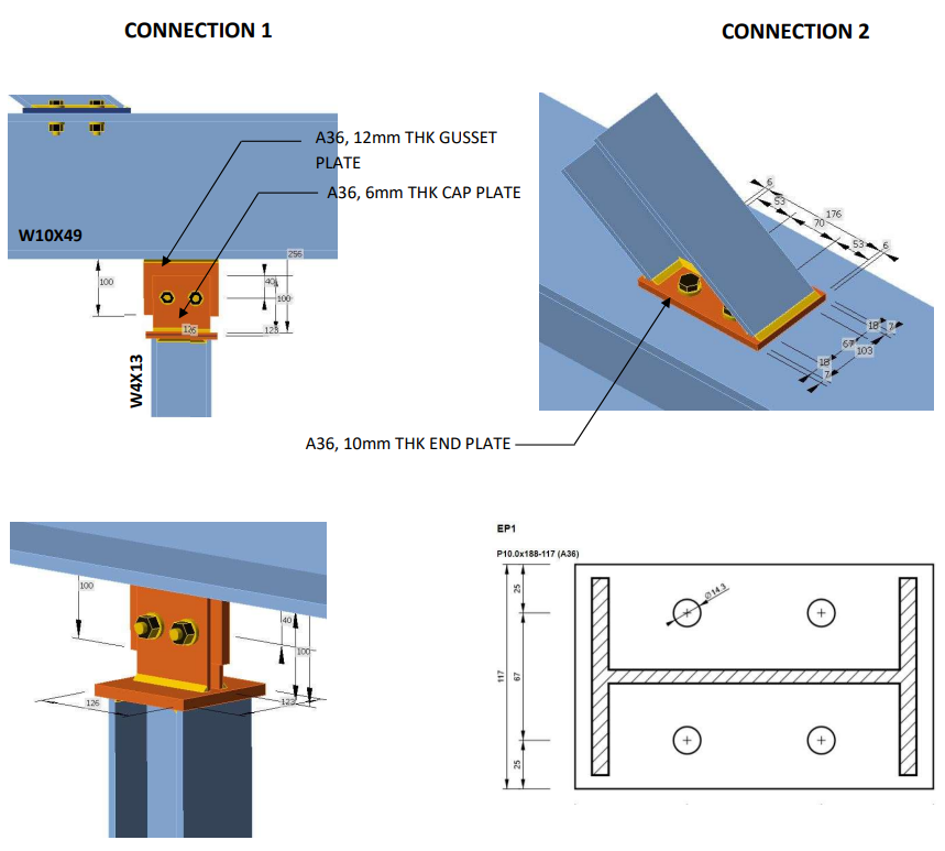 Solved CONNECTION 2 CONNECTION 1 2.Om 1.Om W4X13 1.Om W10X49 | Chegg.com