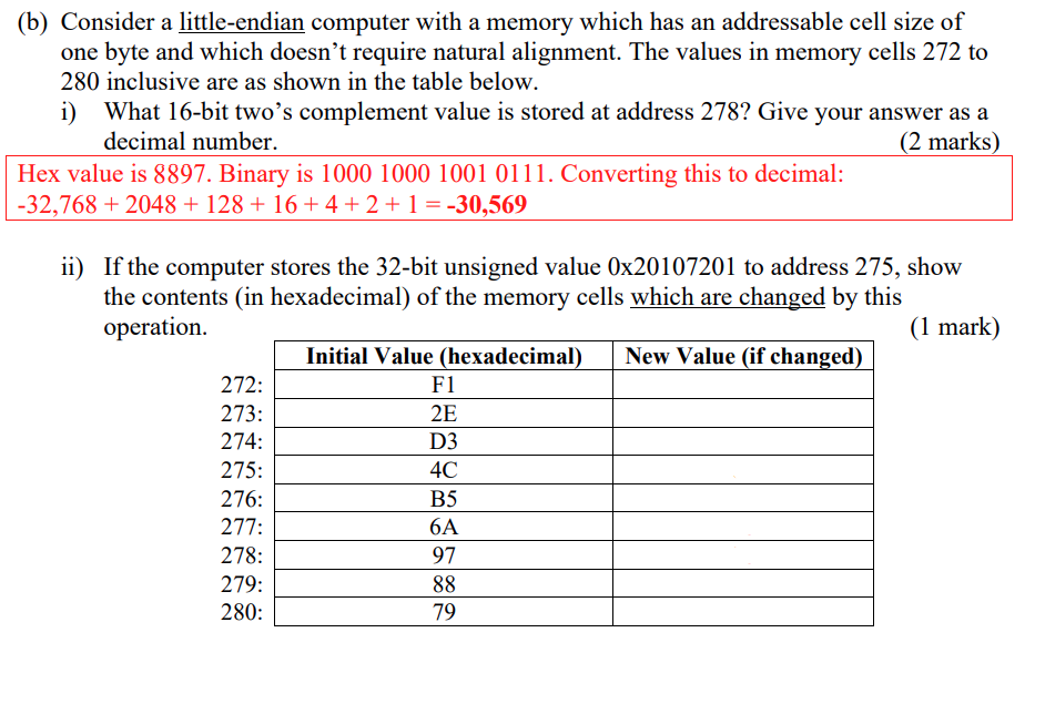 Solved (b) Consider a little-endian computer with a memory | Chegg.com