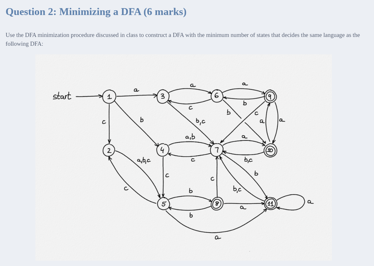 Solved Question 2: Minimizing a DFA (6 marks) Use the DFA | Chegg.com